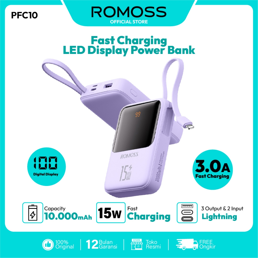 Jual ROMOSS PFC10 Power Bank 10000mAh Fast Charging 15W Tipe Lightning ...