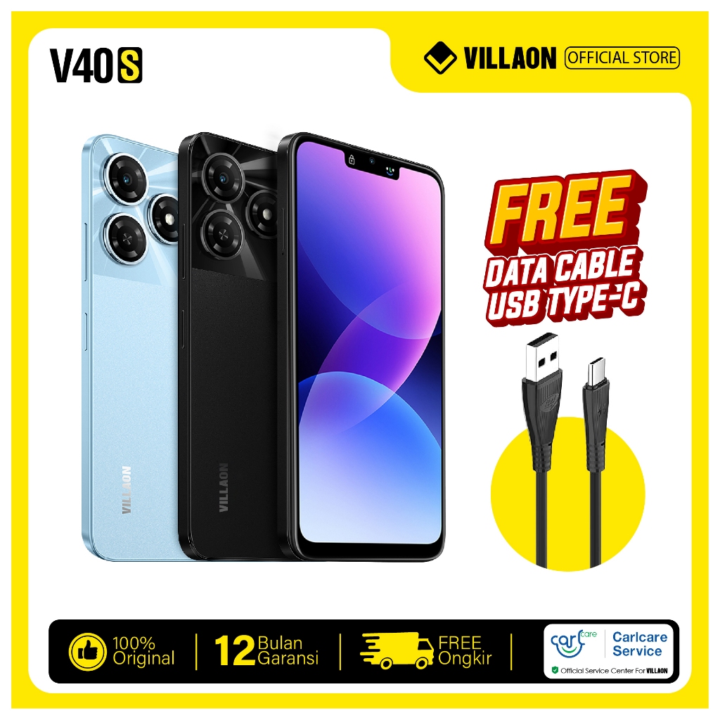 Jual [BUNDLE FREE KABEL DATA] VILLAON V40s 8GB+64GB Hitam Biru dengan ...