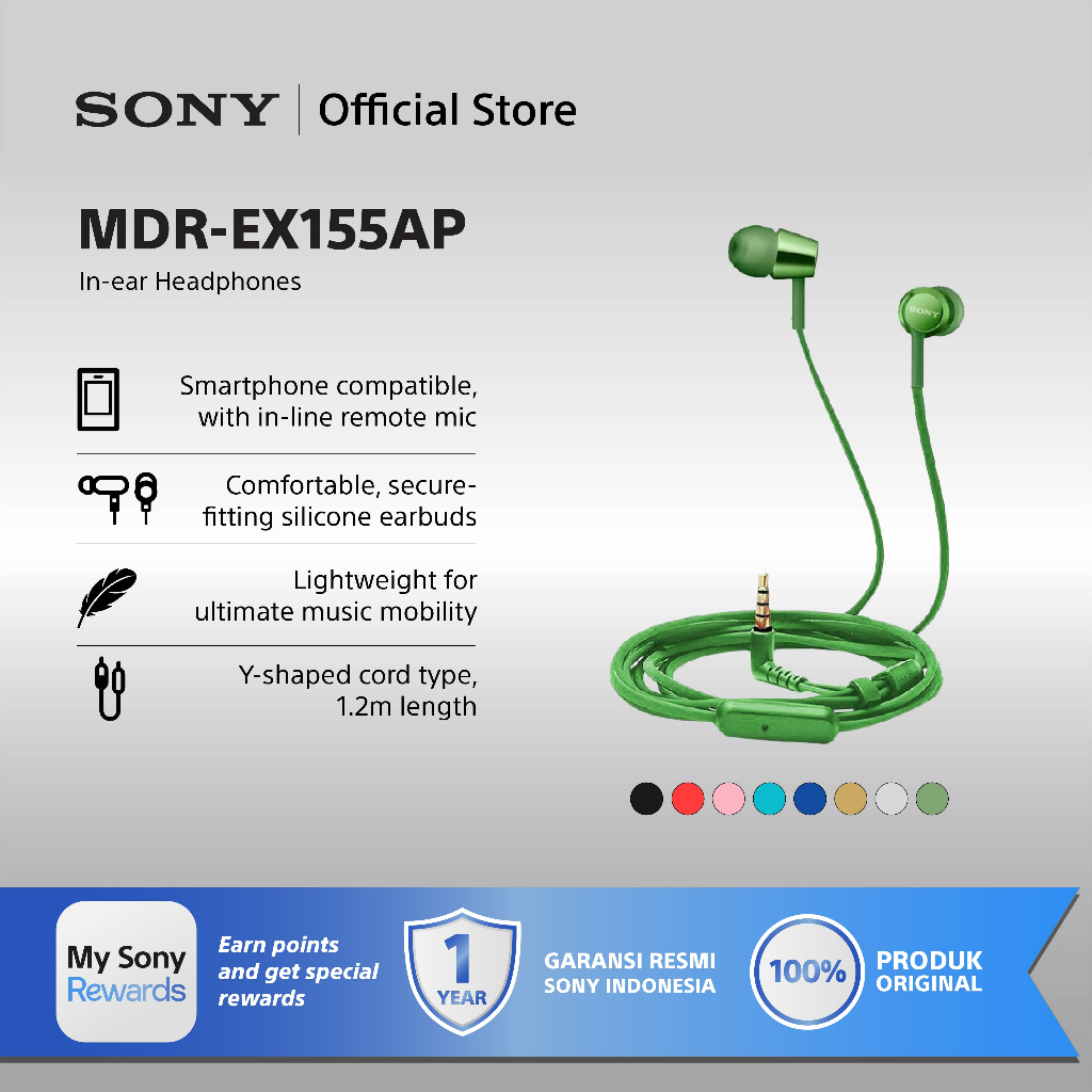 Jual Earphone Sony MDR-EX155AP Handsfree Mass Model In-Ear - Green ...