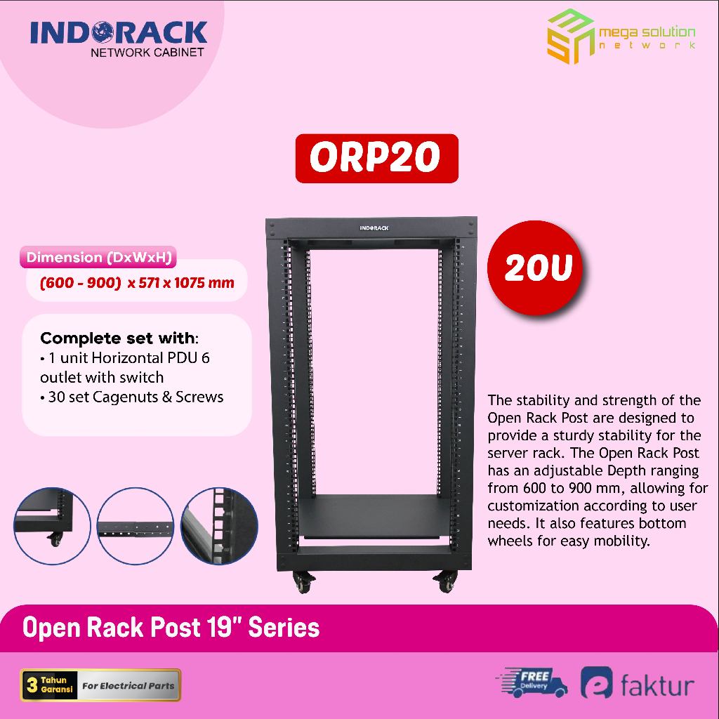 Jual ORP20 Indorack Open Rack Post 20U Depth Adjust 600 - 900mm Rak ...