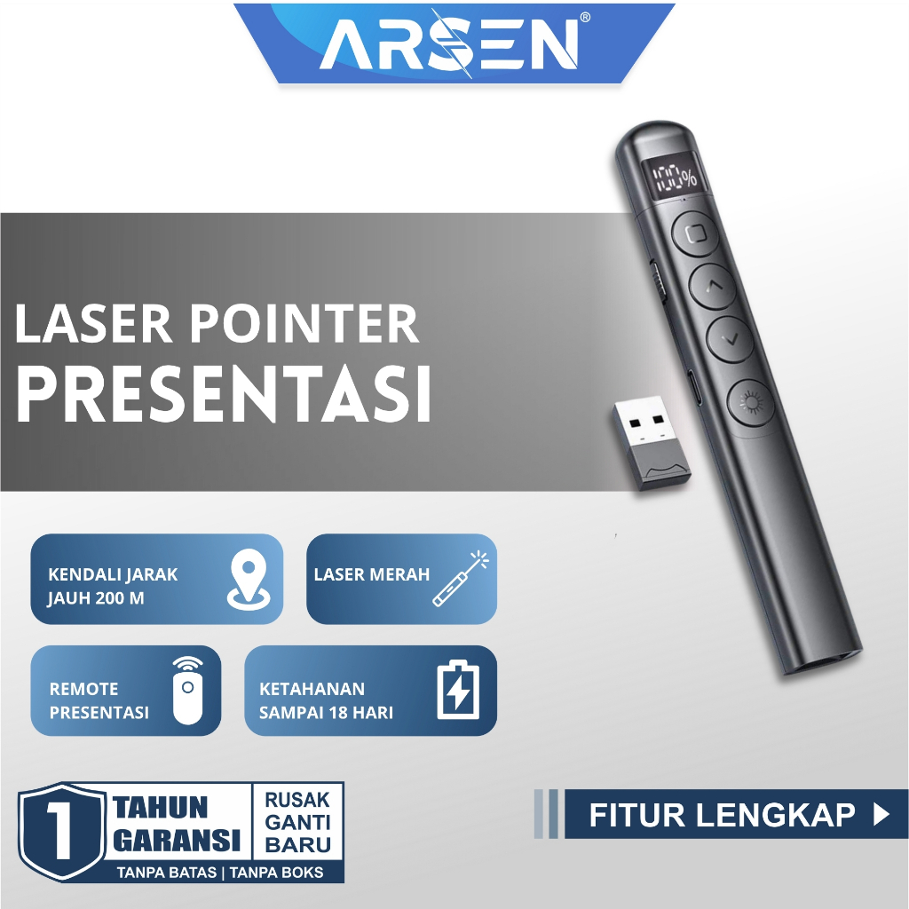 Jual ARSEN Laser Pointer Presentasi Wireless USB Rechargeable 200M ...
