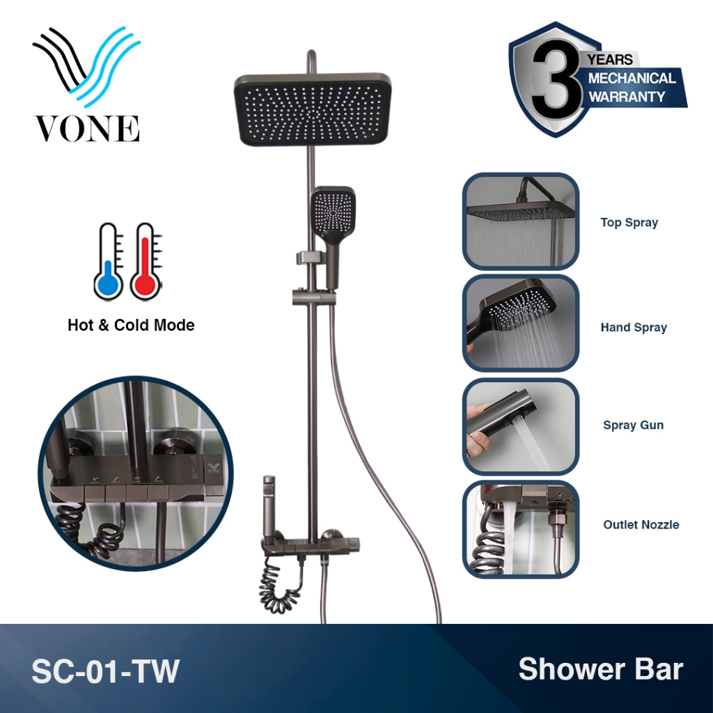 Jual VONE Shower Tiang Rain Kamar Mandi 4 in 1 Set Keran Thermostatic ...