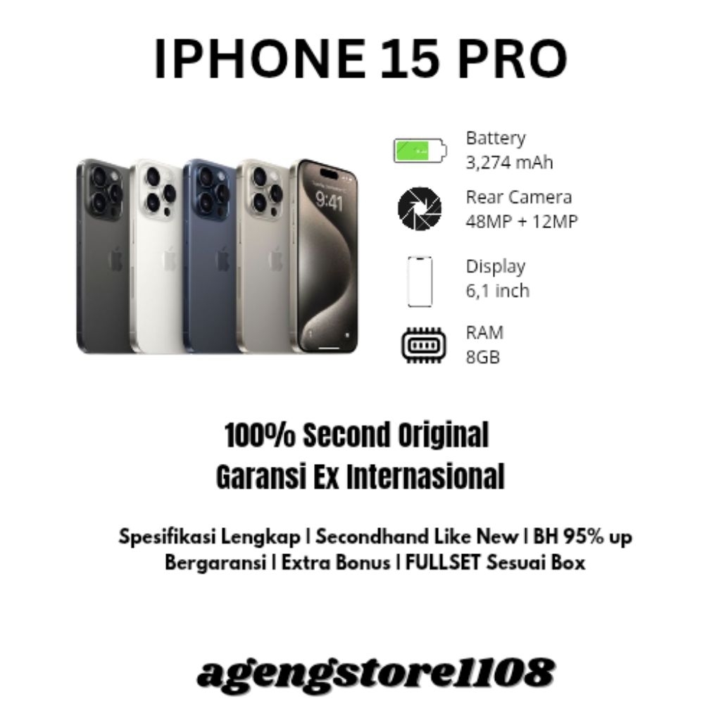 Jual IPHONE 15 PRO 15 PROMAX 128GB 256GB SECOND ORIGINAL EX INTER ...