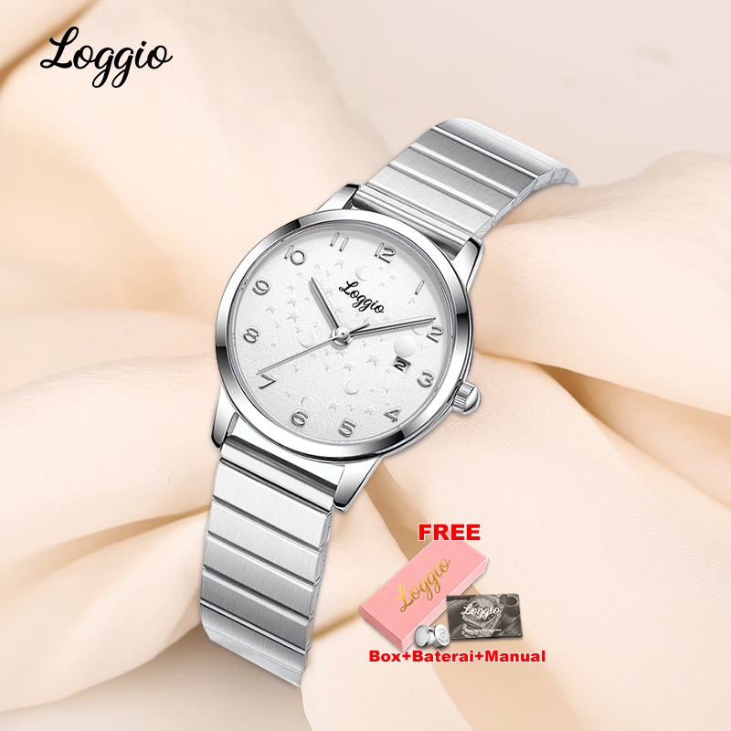 Jual Loggio Jam Tangan Wanita Rantai Kekinian Bulat Strap Tali Besi ...
