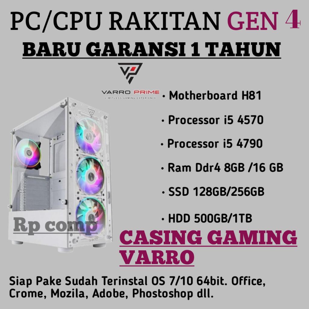Jual PC/CPU CASING GAMING VARRO core i7/core i5 GEN 4 GARANSI 1 TAHUN ...