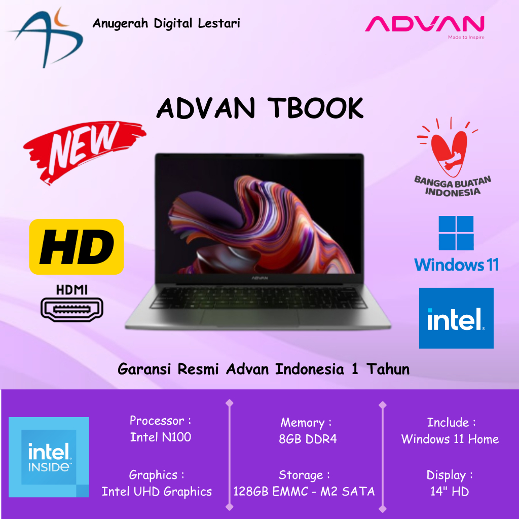 Jual Laptop Advan Tbook Intel N100 8GB 128GB 14"HD Free Windows 11 Home Original | Shopee Indonesia