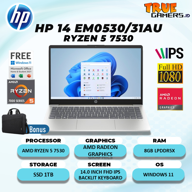 Jual HP 14 RYZEN 5 7530 RAM 8GB SSD 1TB 512GB W11+OHS+M365B 14.0 INCH FULL HD IPS PANEL BACKLIT ...