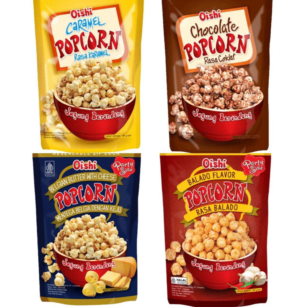 Jual Oishi Aneka Snack Popcorn Caramel belgian butter cheese cokelat ...