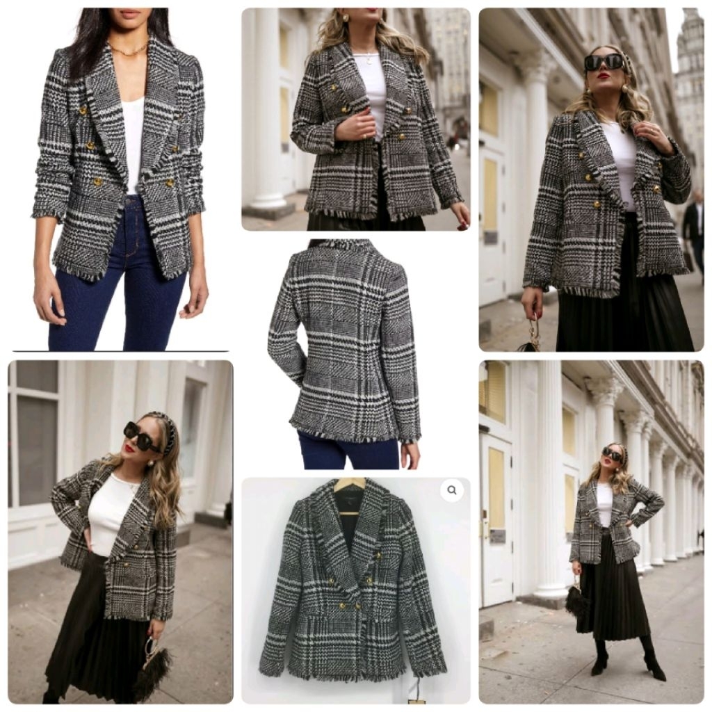 Jual Pr+mark plaid tweed blazer / H*logn tweed blazer tweed casual ...