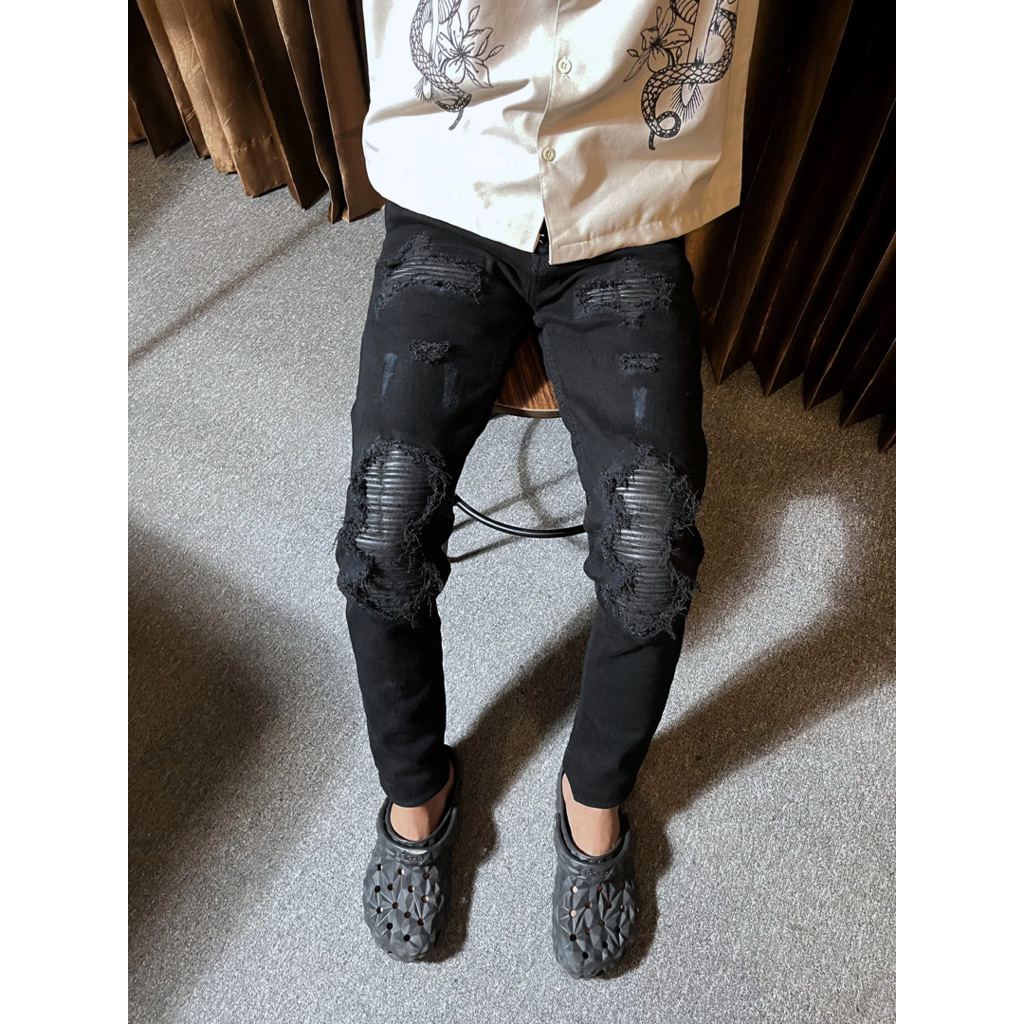 Jual ESTRELLA JEANS | Celana Jeans Ripped/Sobek Pria Custom BLACK ...