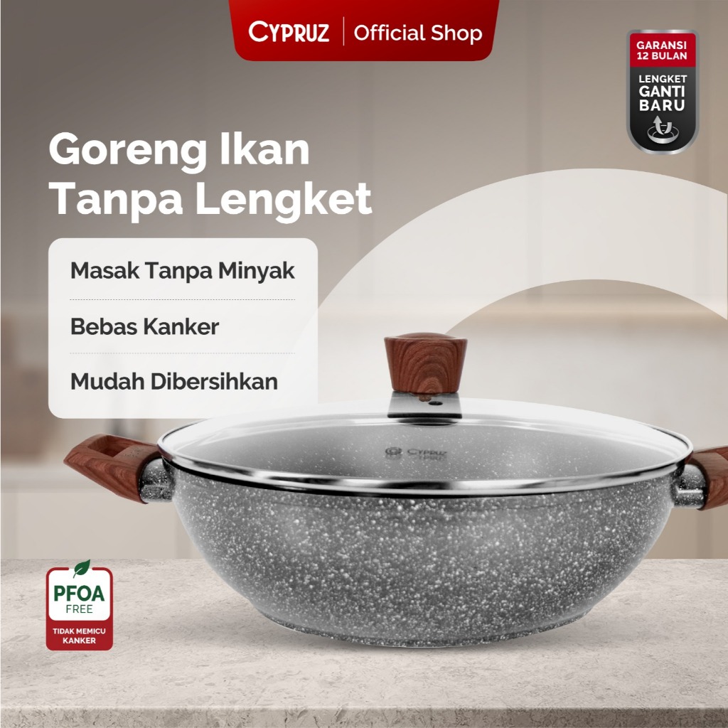 Jual Cypruz Wajan Kuali Anti Lengket Grey Marble Wok Pan Dengan Tutup ...