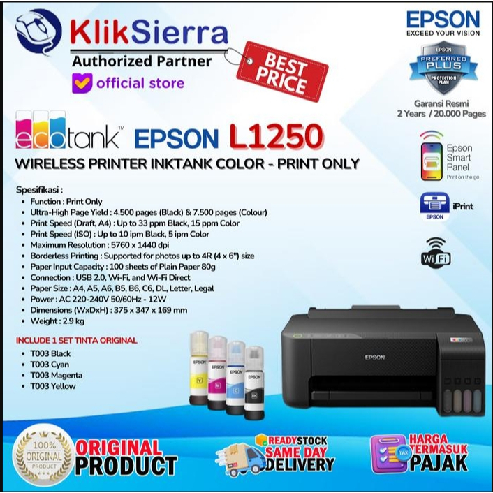 Jual EPSON L1250 L-1250 Wireless WiFi Printer EcoTank A4 InkTank Color ...