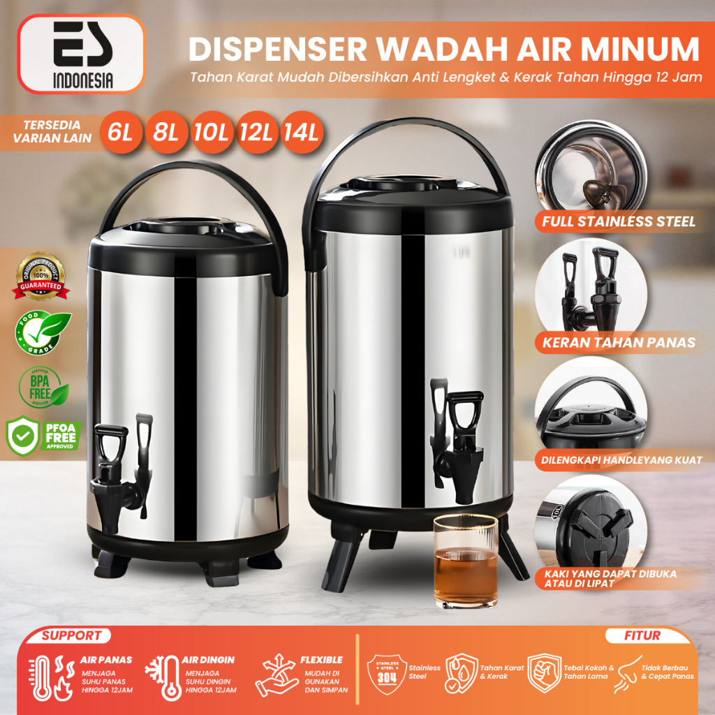 Jual ESINDO Dispenser Air Milk Tea Bucket Termos Besar Wadah Minuman Stainless Steel 304 6/10/12 ...