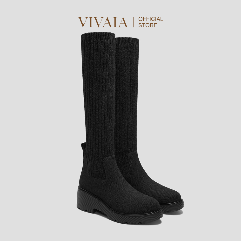 Jual VIVAIA Sepatu Wanita Round-Toe Knee-High Platform Chunky Wool ...