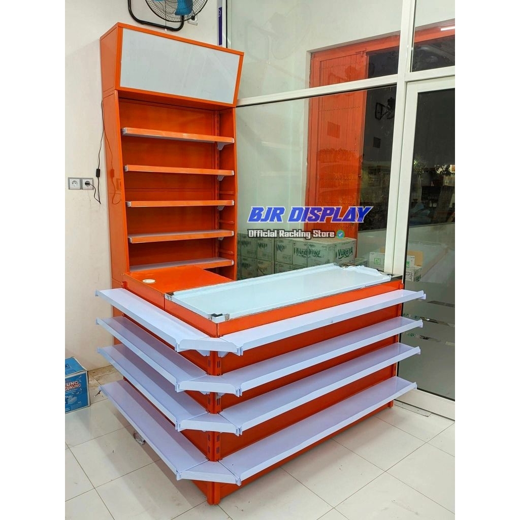 Jual meja kasir toko display minimarket atau swalayan model L sudud ...