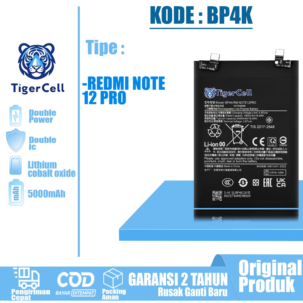 Jual TIGERCELL Baterai Xiaomi Redmi BP4K FOR REDMI NOTE 12 PRO ORIGINAL ...