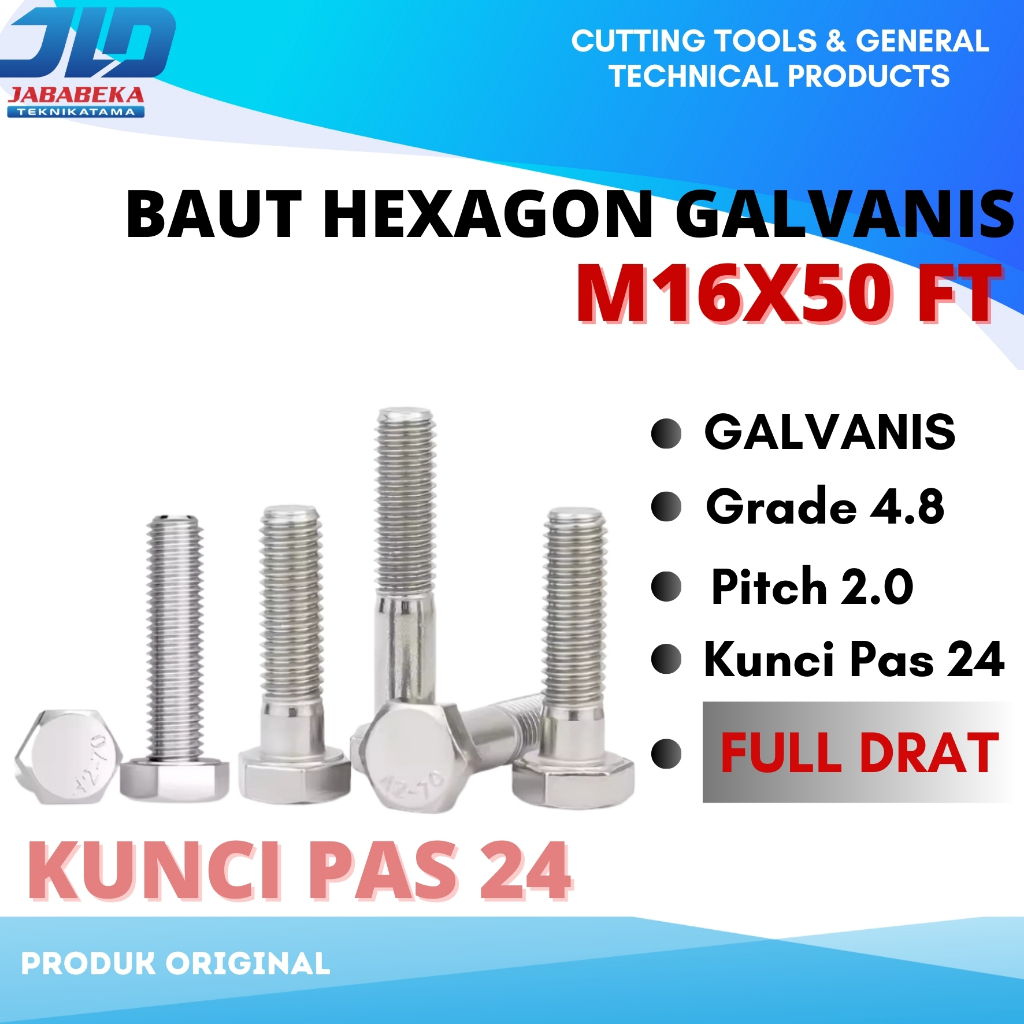 Jual Baut Hexagon Galvanise 4.8 M16x50 Kunci 24 High Tensile Bolt HTB ...