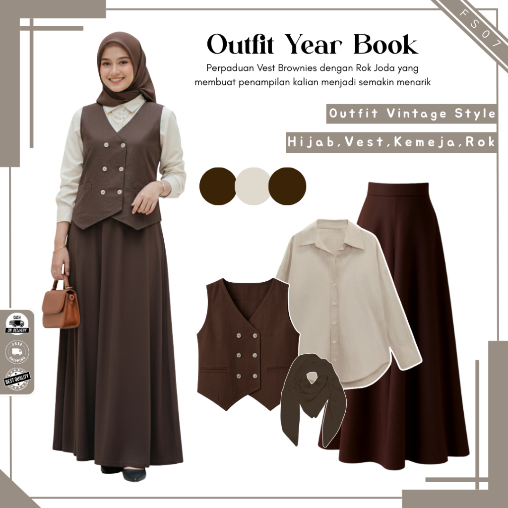 Jual One Set Outfit Yearbook Vintage ( Hijab + Vest + Kemeja + Rok ...