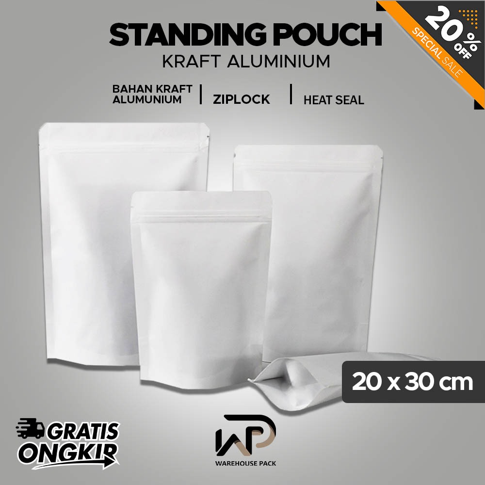 Jual ( 10 Pcs ) Standing Pouch Kraft Putih Non Window 20 x 30 Cm ...