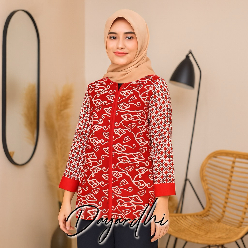 Jual Blouse Batik Merah Putih Mega Mendung | Busui Friendly Resleting ...
