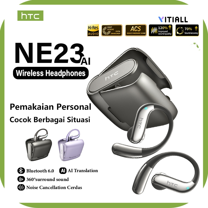 Jual HTC NE23 Bluetooth 6.0 Headset TWS Open‑Ear AI Translator Earphone ...