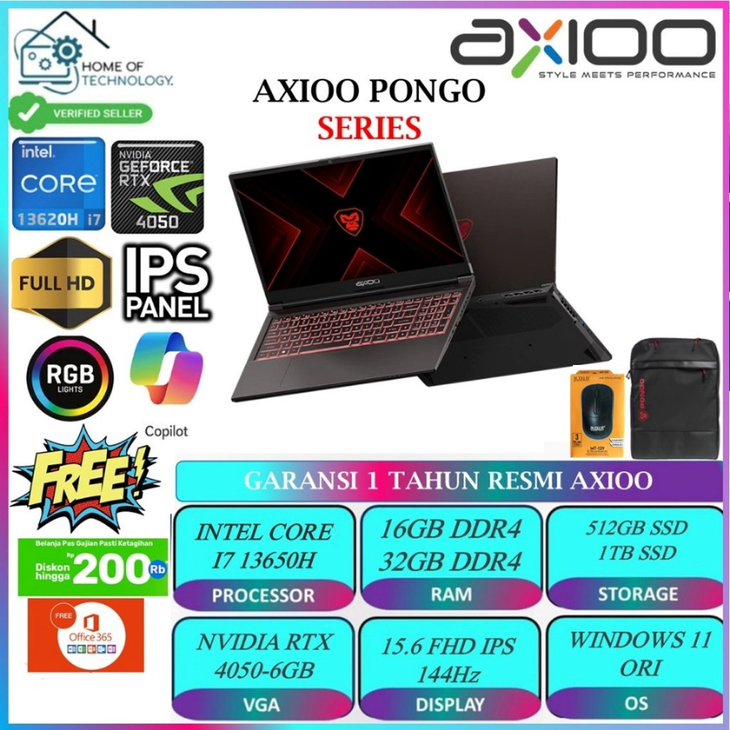 Jual Laptop AXIOO PONGO 750 INTEL I7 13620H 32GB 1TB SSD RTX4050 15 ...