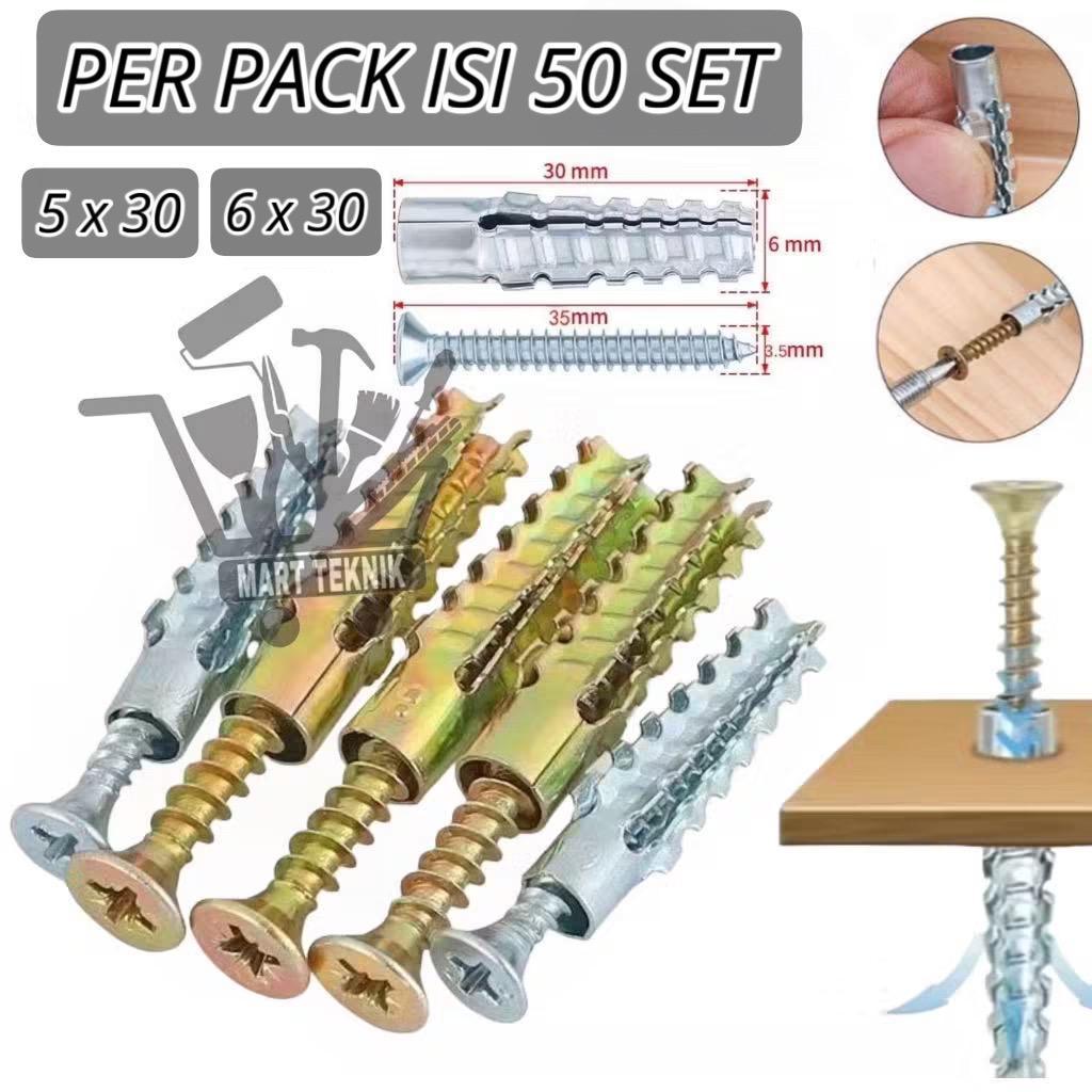 Jual Per Pack Isi 50 Set Angkur Baut Tembok 5x30mm 6x30mm Expansion ...