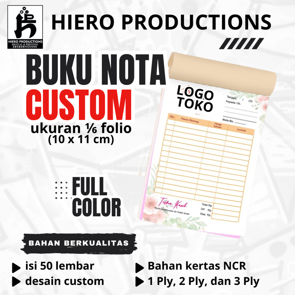 Jual Cetak Nota Custom Warna 1/6 Folio Isi 50 Lembar Custom Nama dan ...