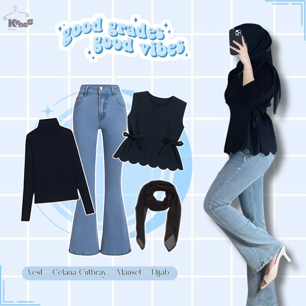 Jual Outfit Kece 4in1 ( Vest + Manset + Celana Cutbray + Hijab ) One ...