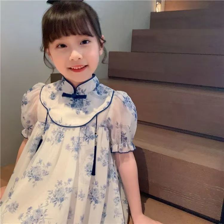 Jual Gaun Cheongsam Anak Perempuan Motif Biru Putih / Dress Chinese ...