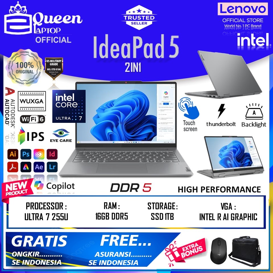 Jual Laptop flip Ideapad Lenovo 5 2IN1 14 Intel ULTRA 7 255U 16GB DDR5 ...