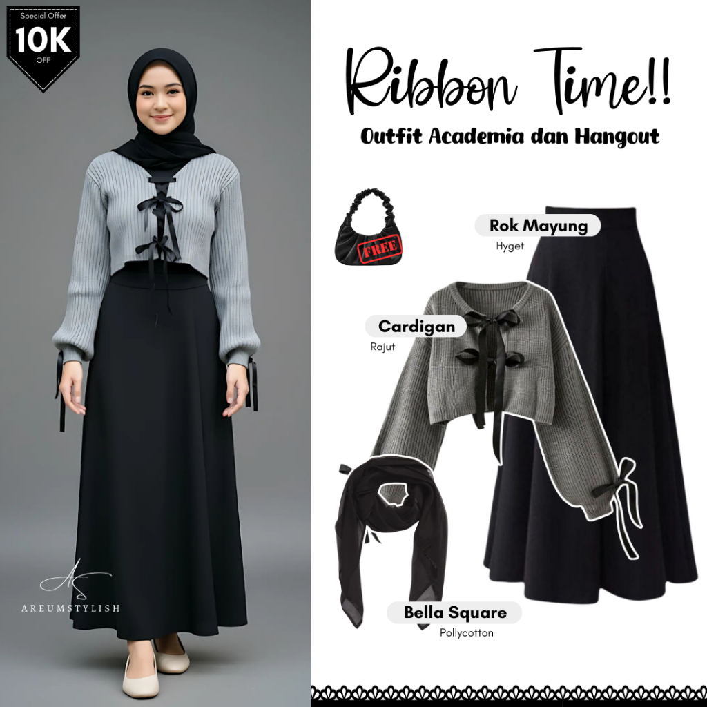 Jual One Set Wanita Remaja Kekinian Cardigan Ribbon + Rok Mayung + Bella Square Hangout Kece ...