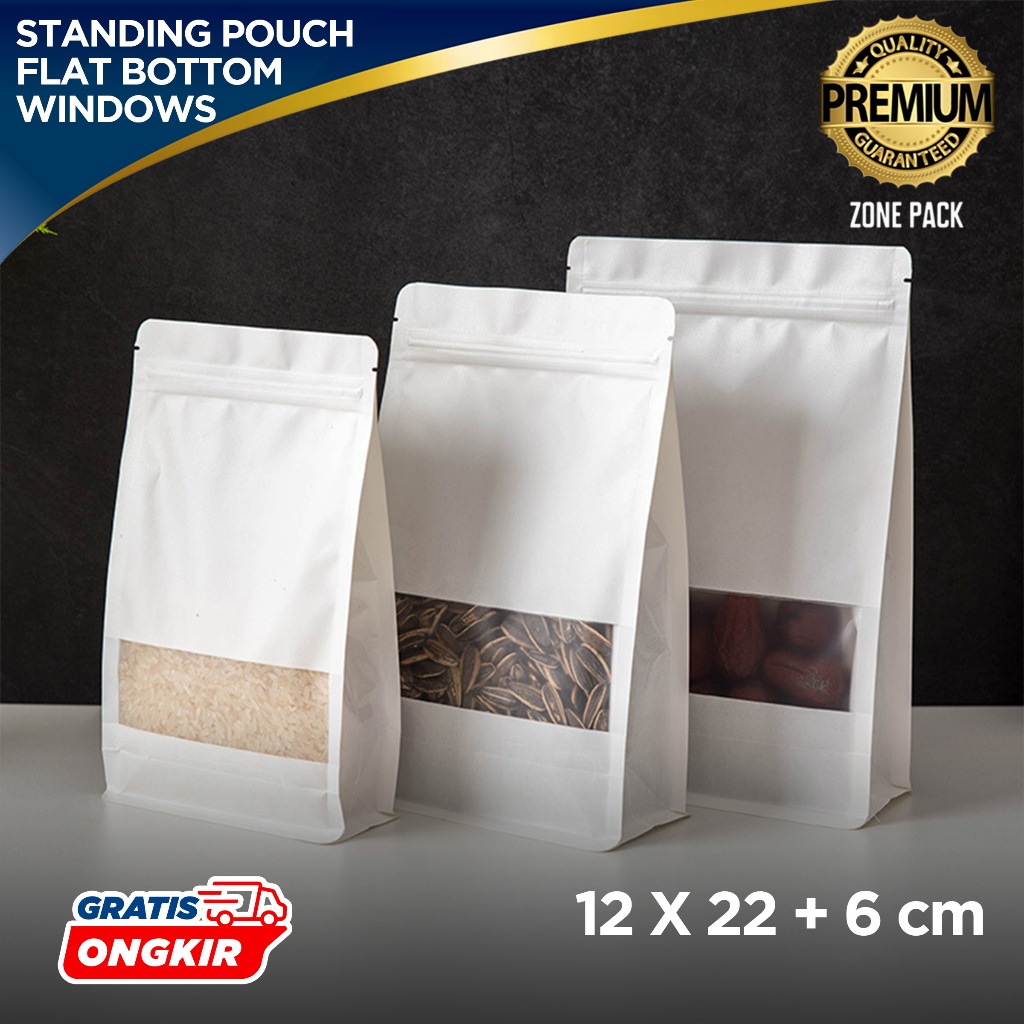 Jual Standing Pouch Flat Bottom Craft Windows putih 12 x 22 cm I ...