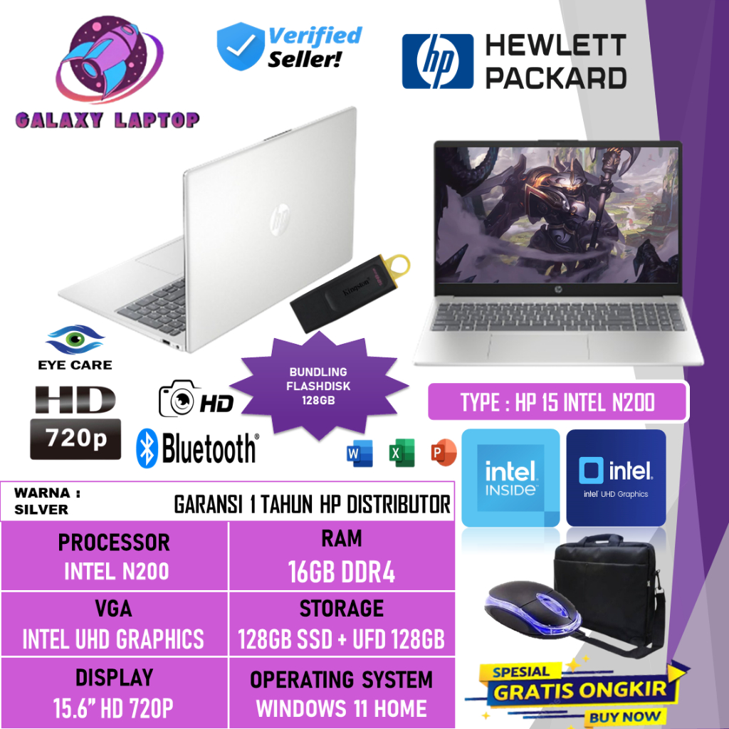 Jual PROMO Laptop HP 15 Intel N100 N200 16GB 128GB+128GB UFD 15.6 Inch ...