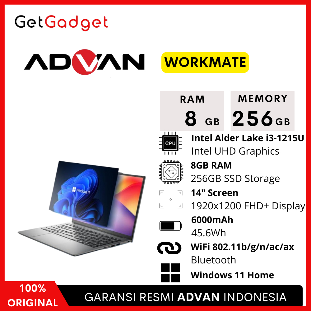 Jual Laptop Advan Workmate 8GB 256GB Notebook Intel i3 Windows 11 New ...