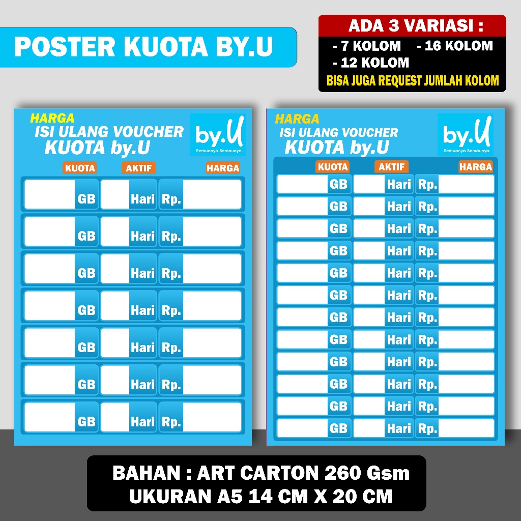 Jual POSTER KONTER DAFTAR HARGA ISI ULANG KUOTA VOUCHER BY.U ( CUSTOM ...