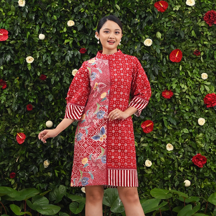 Jual NONA RARA - Dress Lesi Encim Merah Putih D0549, Baju kerja batik ...