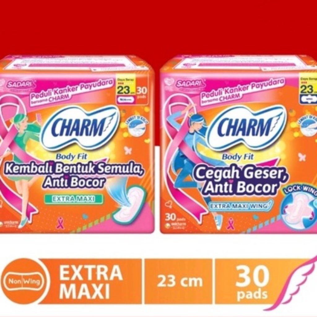Jual Charm Pembalut Body Fit Extra Maxi 23cm Wing 28 pads | Shopee ...