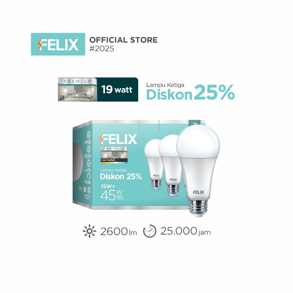 Jual FELIX PREMIUM LED 19W Putih 3Pcs Super Terang Hemat 90% Bohlam ...