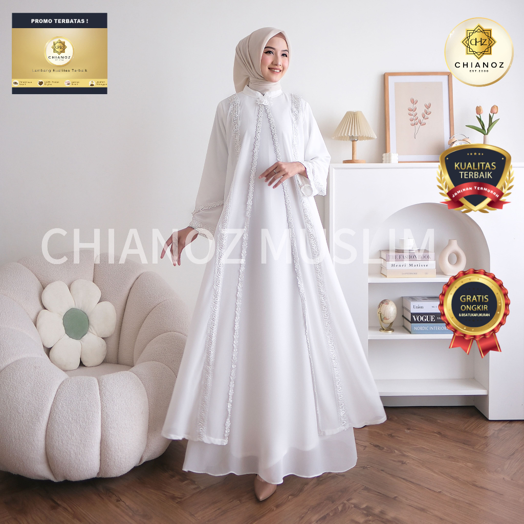 Jual CHIANOZ Gamis Putih Mewah Azkia Dress Renda Bunga Baju Lebaran ...