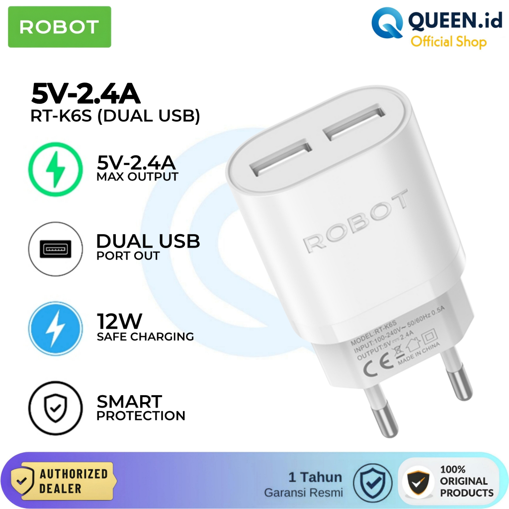 Jual ROBOT RT-K6S Charger Adaptor 2.4A 5V DUAL USB PORT Output Safe ...