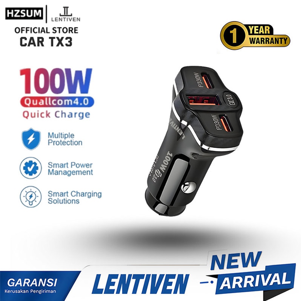 Jual HZSUM LENTIVEN Car Charger Colokan Mobil 4 Ports PD 100W USB Type ...