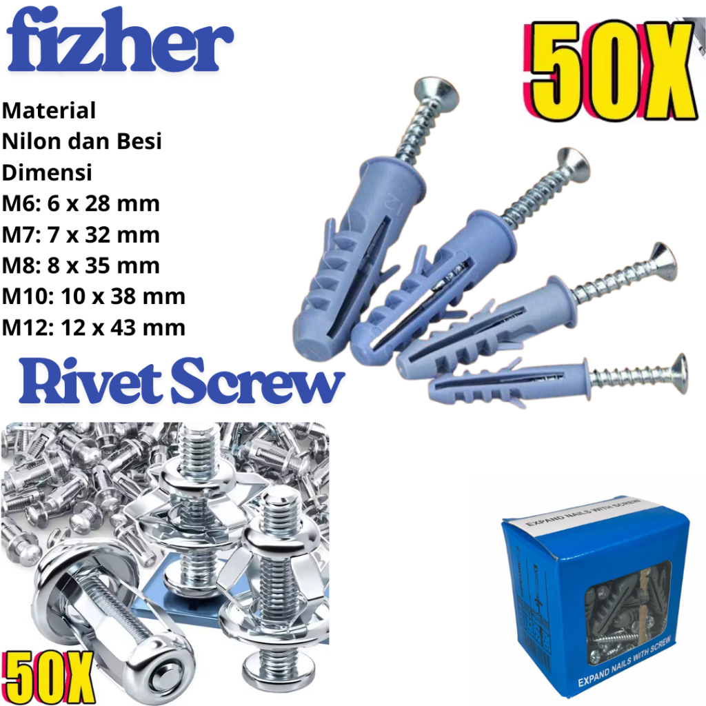 Jual Fisher Tembok + Sekrup 50 PCS Angkur baut Set Tembok sekrup Dinding Tembok Nylon Dan Besi ...