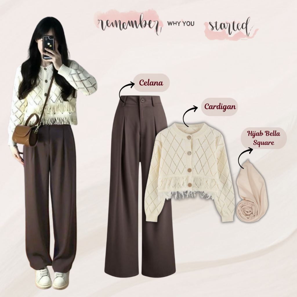 Jual One Set Korean Style 3in1 / Cardigan Rajut Rawis + Celana Highwaist + Hijab Bella Square ...