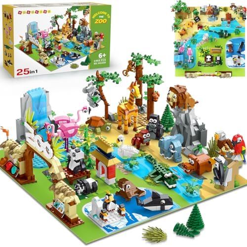 Jual HOGOKIDS 25 Animals Zoo Building Set with Play Mat - 8 Pack Zoo ...
