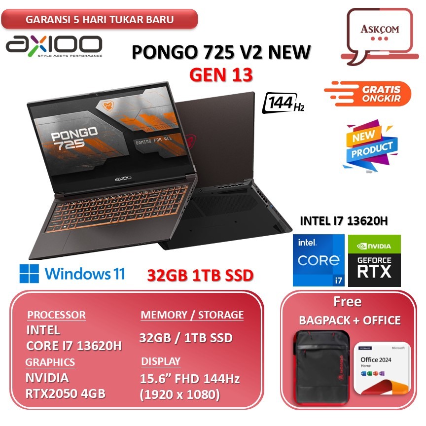 Jual Laptop Gaming Axioo PONGO 725 V2 I7 13620H RTX2050 4GB 32GB 2TB ...