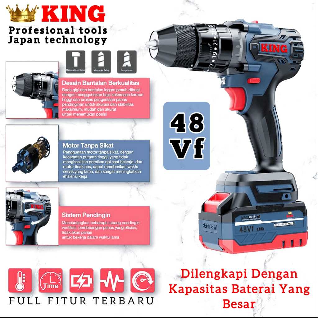 Jual king japan bor cordless bor baterai brushless 13mm impact beton ...