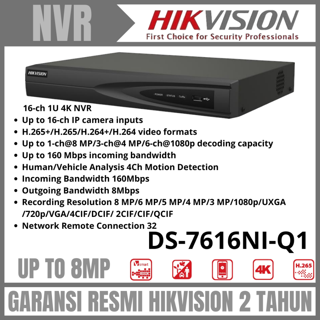 Jual HIKVISION DS-7616NI-Q1 16 CH 1U 4K NVR 16 CHANNEL UP TO 8MP IP ...