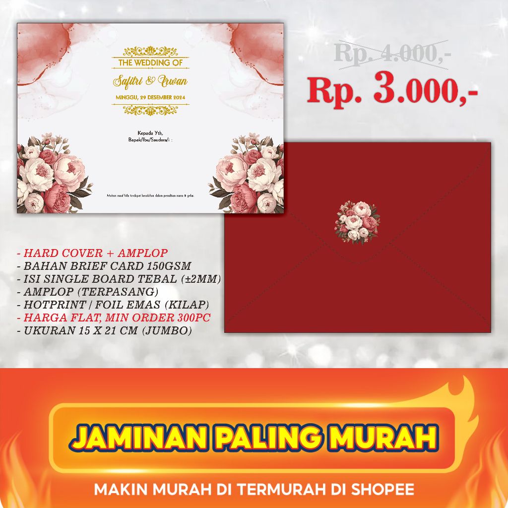 Jual Undangan Pernikahan Hard Cover Merah Maroon Tinta Emas + Amplop ...
