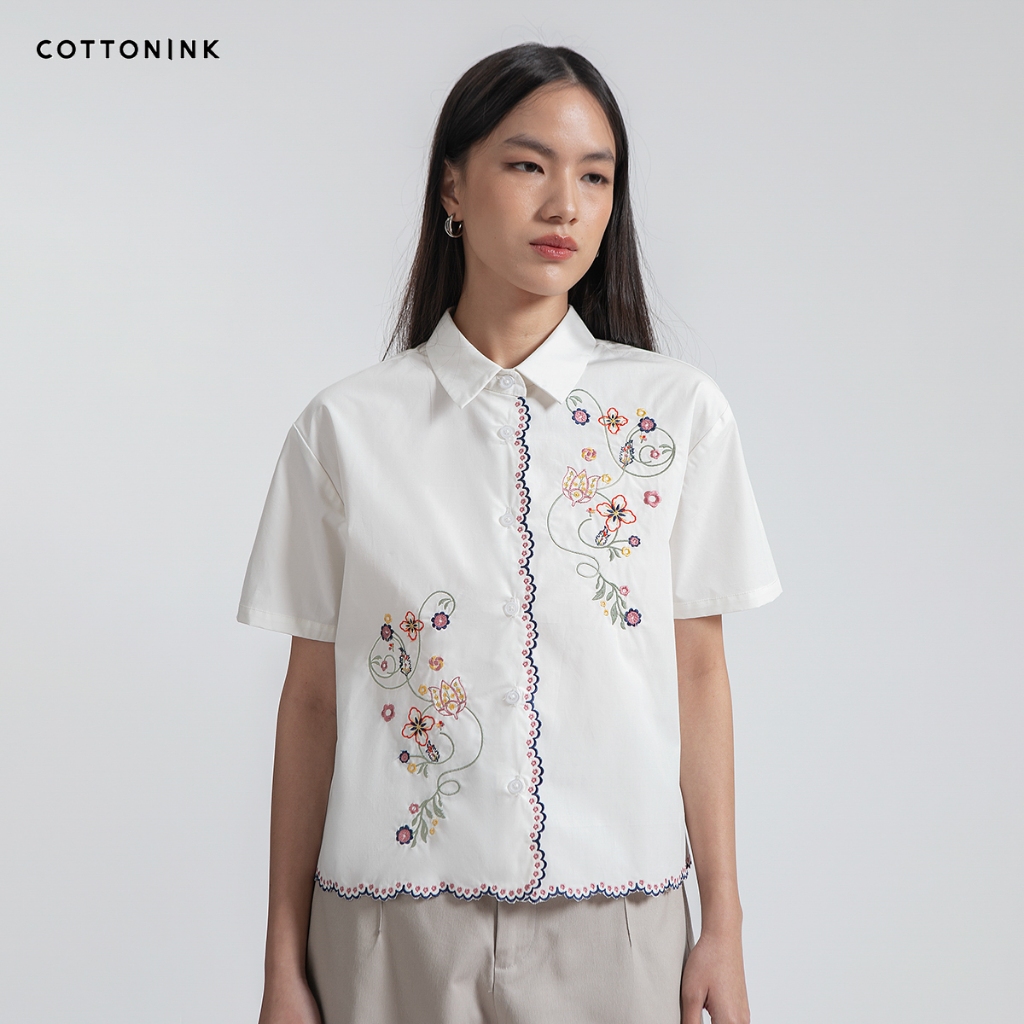 Jual COTTONINK - Atasan Kemeja Wanita Off-white Embroidery Amur # ...